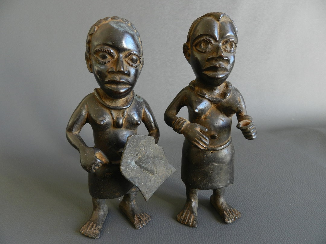 2 Court Dwarves Oba Ife Bronze Bini Edo Yoruba Black Patina, Oba Ozolua ...