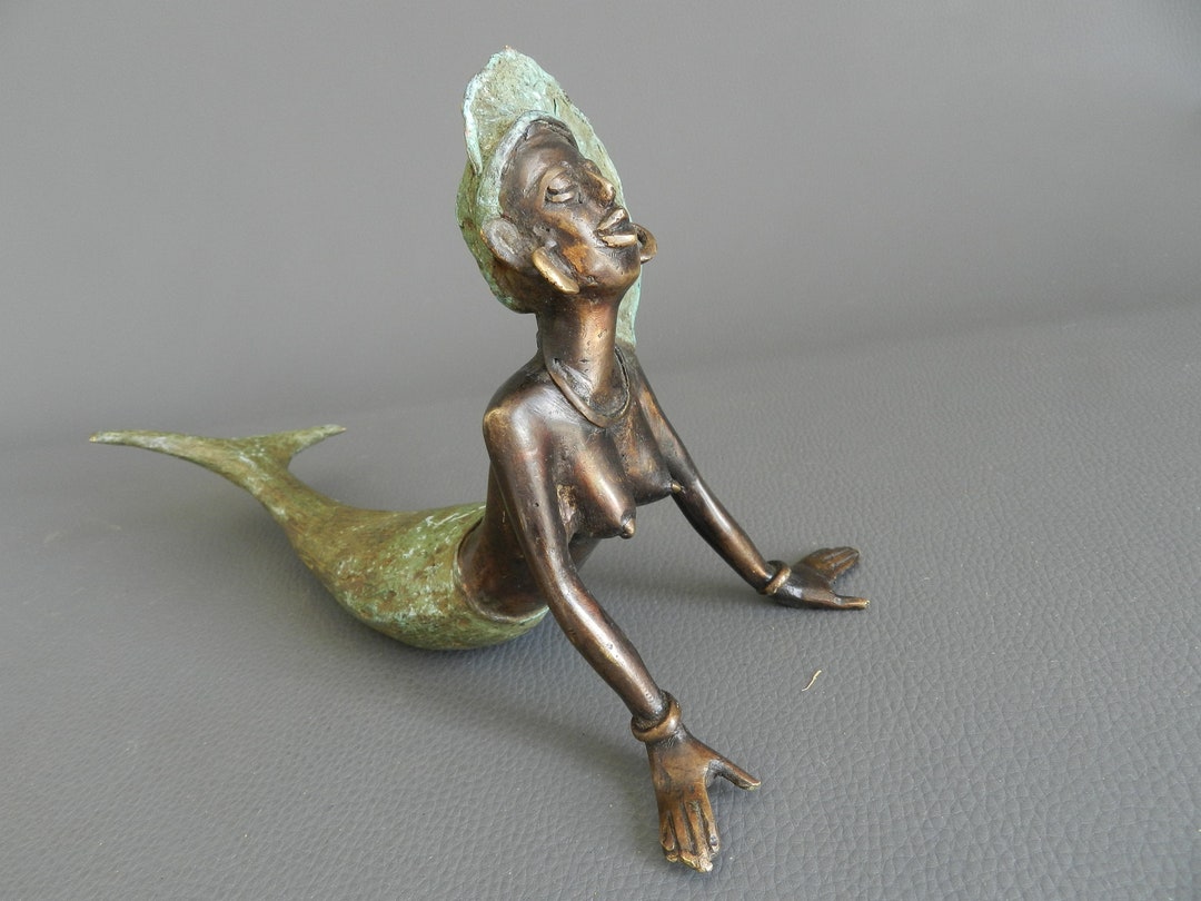 Woman Mermaid Naked Bronze Sculpture Black and Green Patina 9.06" Antic ...