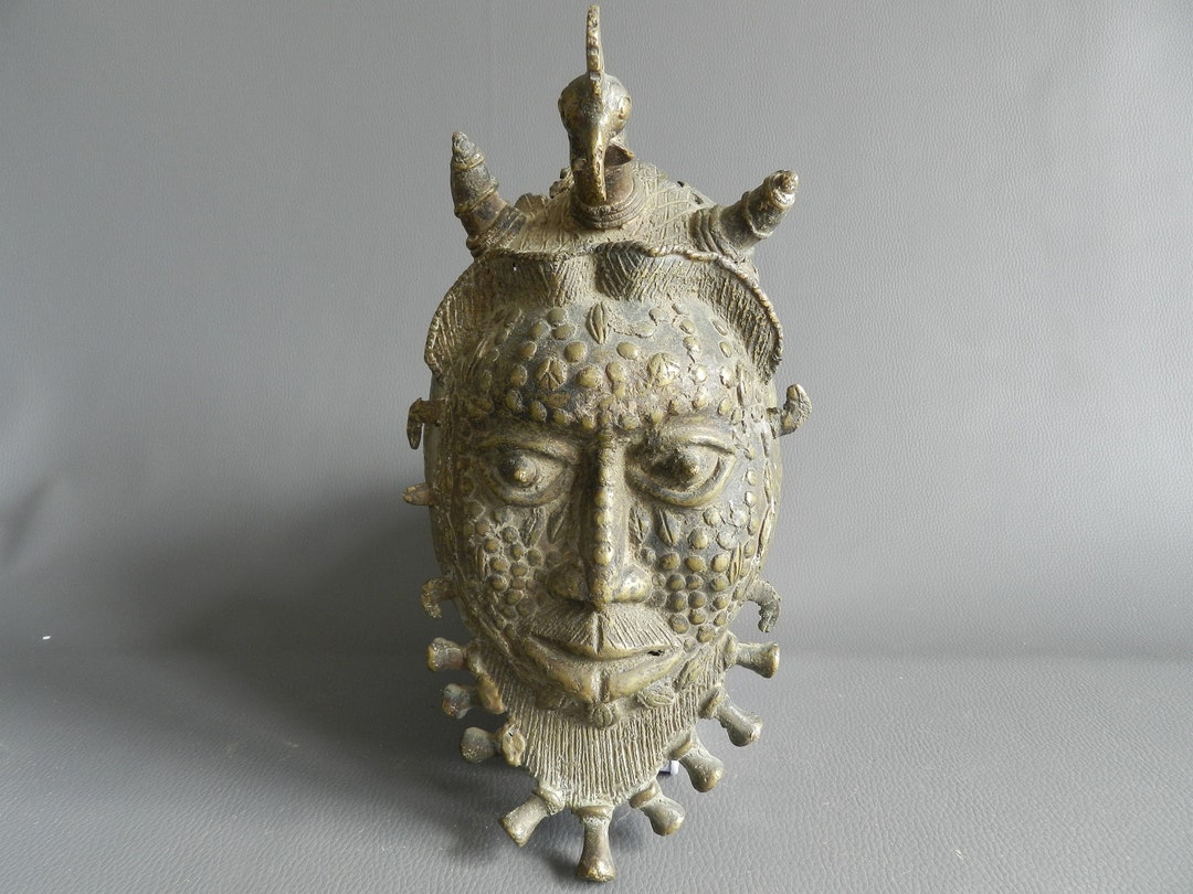 Bronze Ife Warrior Head Mask Decorated Rooster and Devil's Horn, Yoruba ...