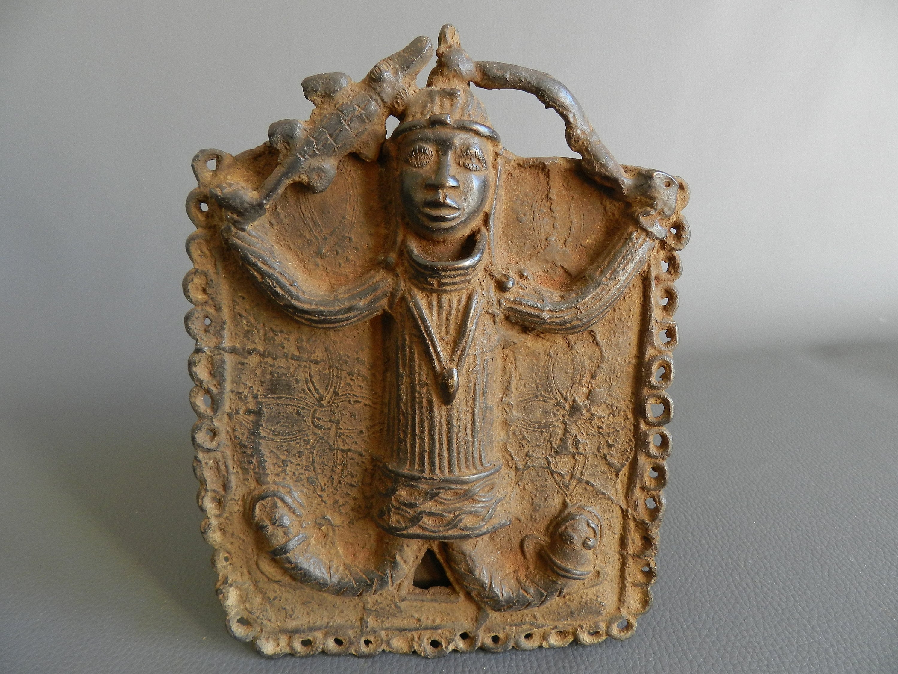 Bronze Plaque Ife Oba Olokun Catfish Crocodile Lizard Hands, Edo Ife ...