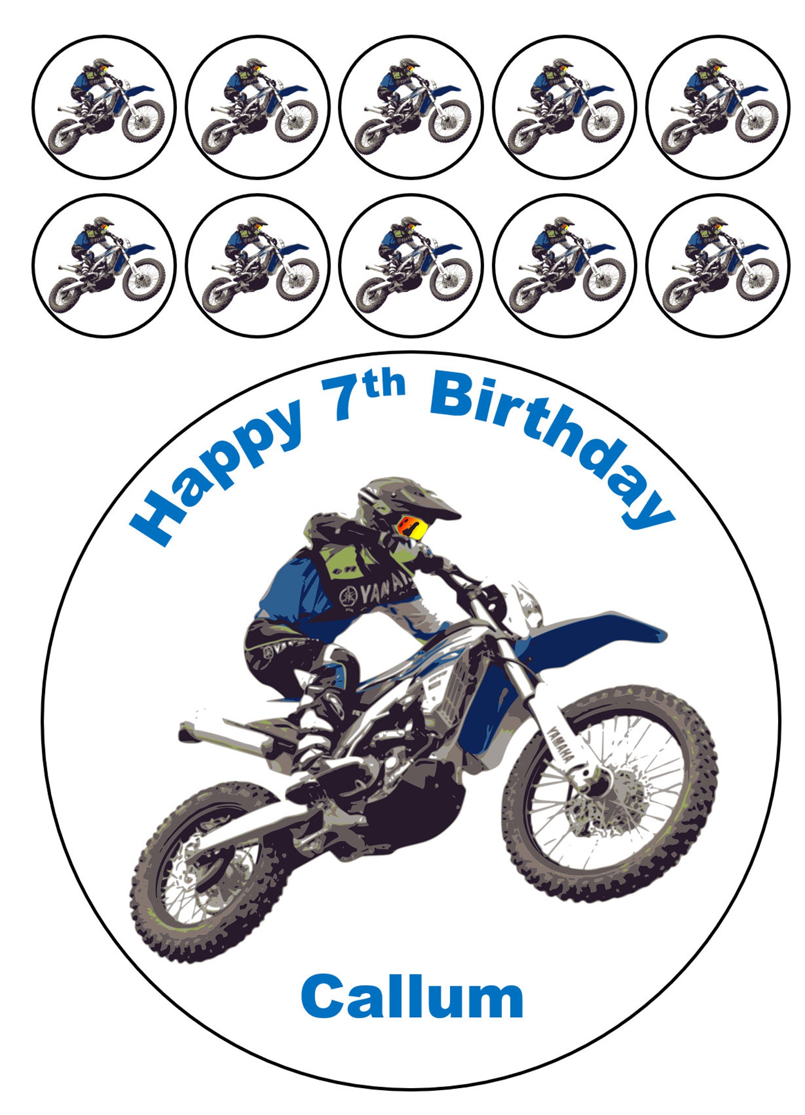 Motocross Motorbike Blue Topper With 10 X Cupcakes 1.5" Round Circle ...