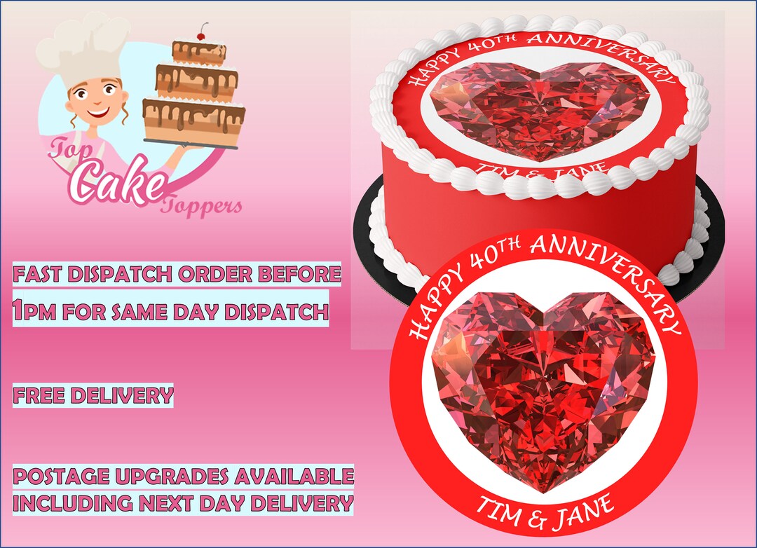 Ruby Cake Topper 40th Anniversary Circle Cake Edible Icing or Wafer ...