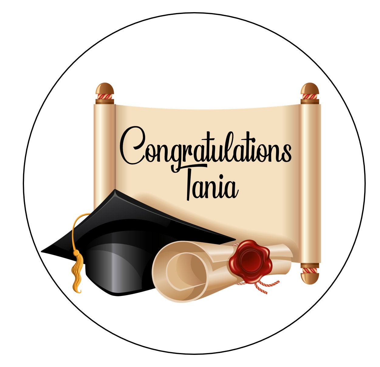 Graduation Congratulations Scroll and Cap Round Edible Cake Icing or ...