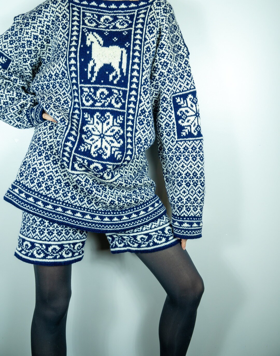 Vintage Hand Knitted Sweater and Shorts Set Vintage Wool Long Sweater ...
