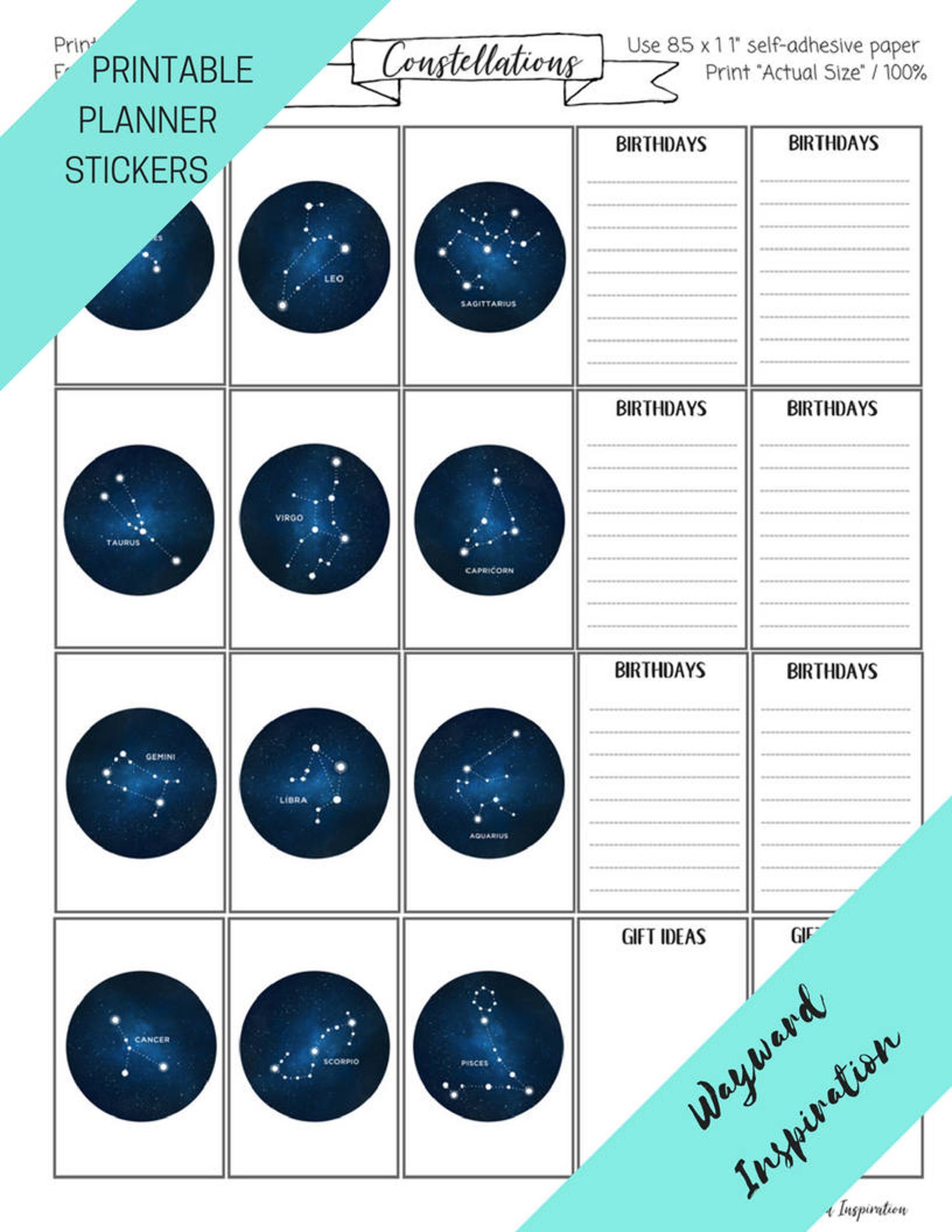 Constellations Stickers Printable Sticker Sheet Download Horoscope ...