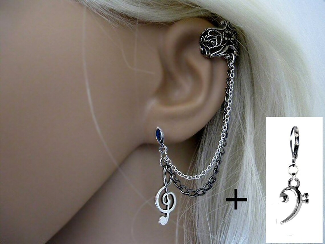 Earcuff Treble Clef Bass Clef Earringsilver & Black Chain - Etsy