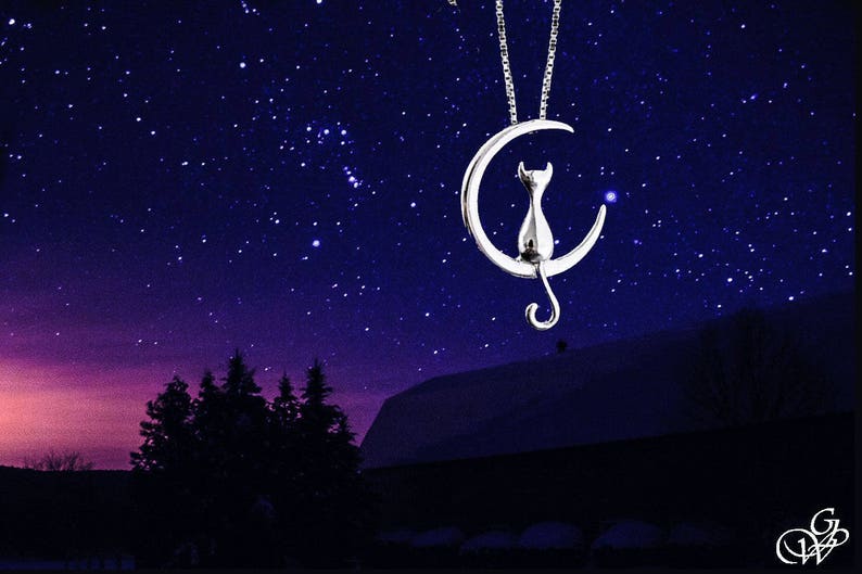 Collier chat assis croissant de lune 925,bijou petit chat,cadeau nature ...