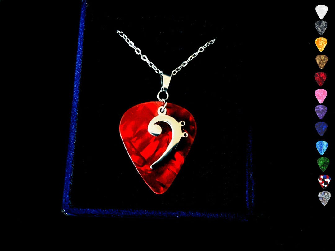 Bass Clef Necklace on a Guitar Pick Heart, in Silver Stainless Steel ...