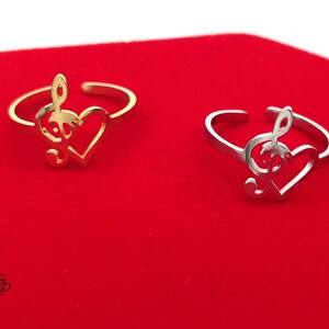 Music Lover's Treble Clef Heart Ring, Adjustable, in Stainless Steel, Gold or Silver of Your ...