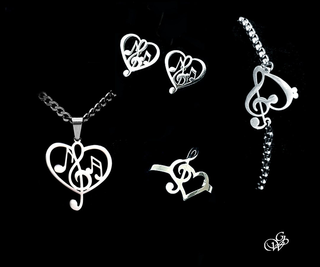 Musical Notes Adornment Set, Stainless Steel, Necklace, Earrings ...