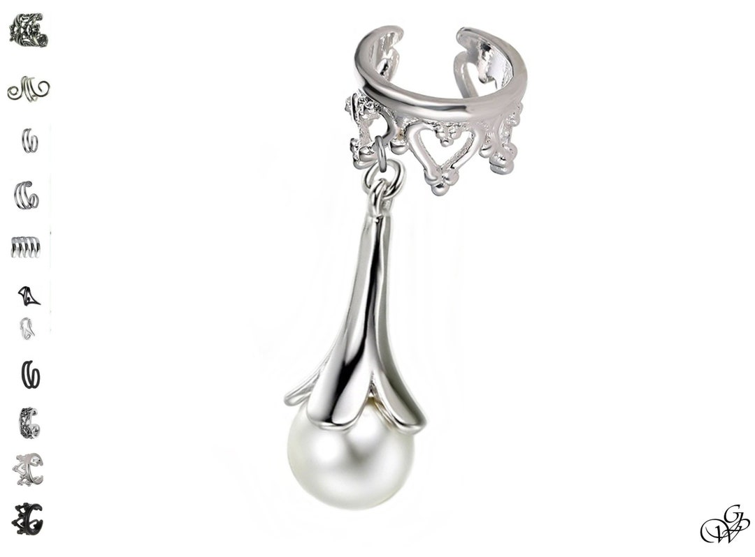 Ear Cuff Pearl Drop With Elven Silver Corolla Clip and Pearl - Etsy