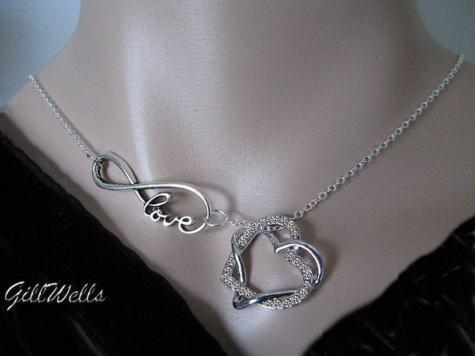 Love infinity necklace with hearts entwined in crystal color | Etsy