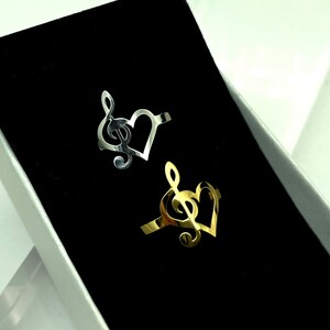 Music Lover's Treble Clef Heart Ring, Adjustable, in Stainless Steel, Gold or Silver of Your ...