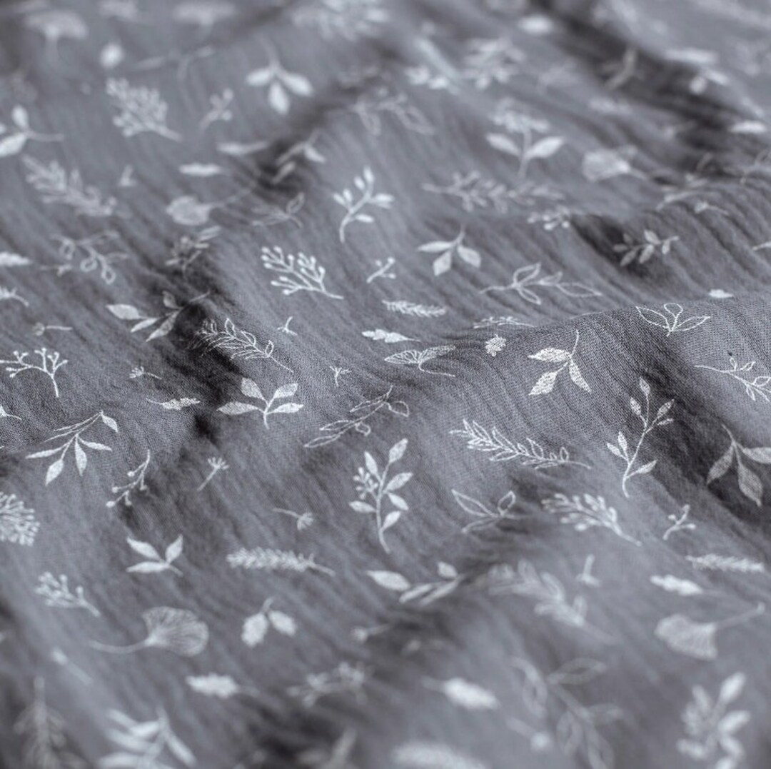 Musselin bedruckt Zweige grau - Krepp Stoff Meterware Blätter, Double ...