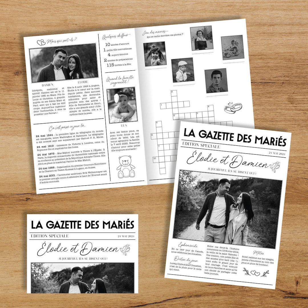 Gazette des mariés, journal papier personnalisé, gazette vintage ...