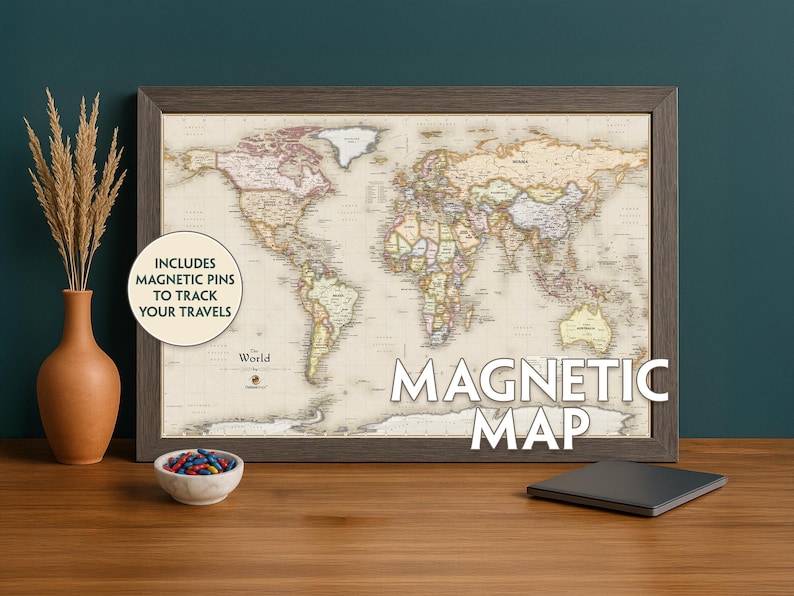 Magnetic World Travel Map With Pins – Distressed Vintage Wall Art for ...