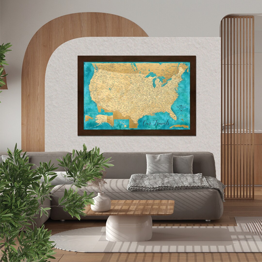 MAGNETIC Travel Map USA Personalized & Framed Push Pin Travel Tracker ...