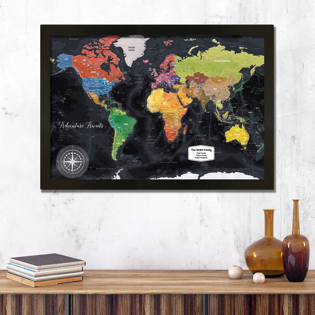 Magnetic World Travel Map With Pins| Personalized & Framed | Magnetic ...