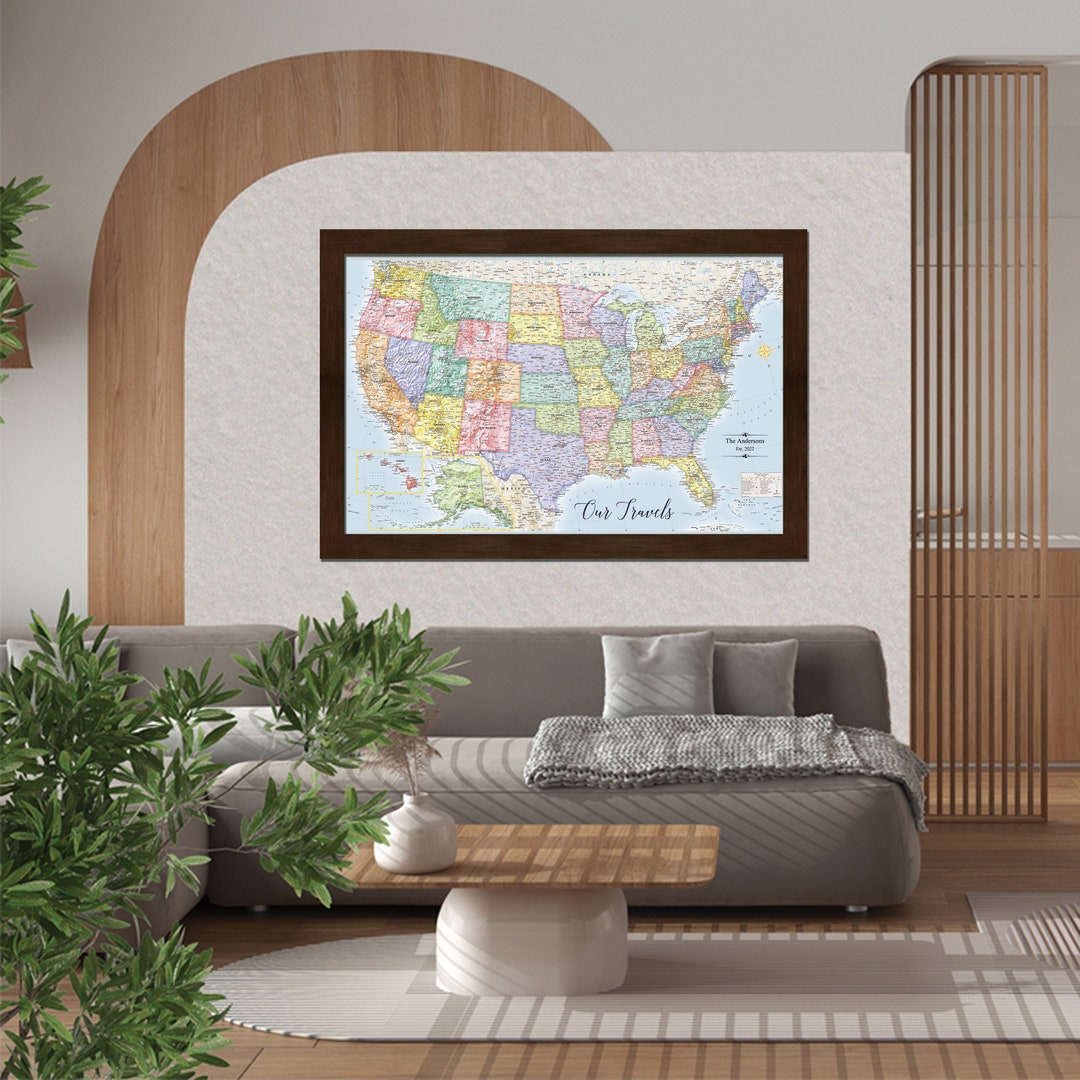 MAGNETIC Travel Map USA Personalized & Custom Framed Magnetic Push Pin ...