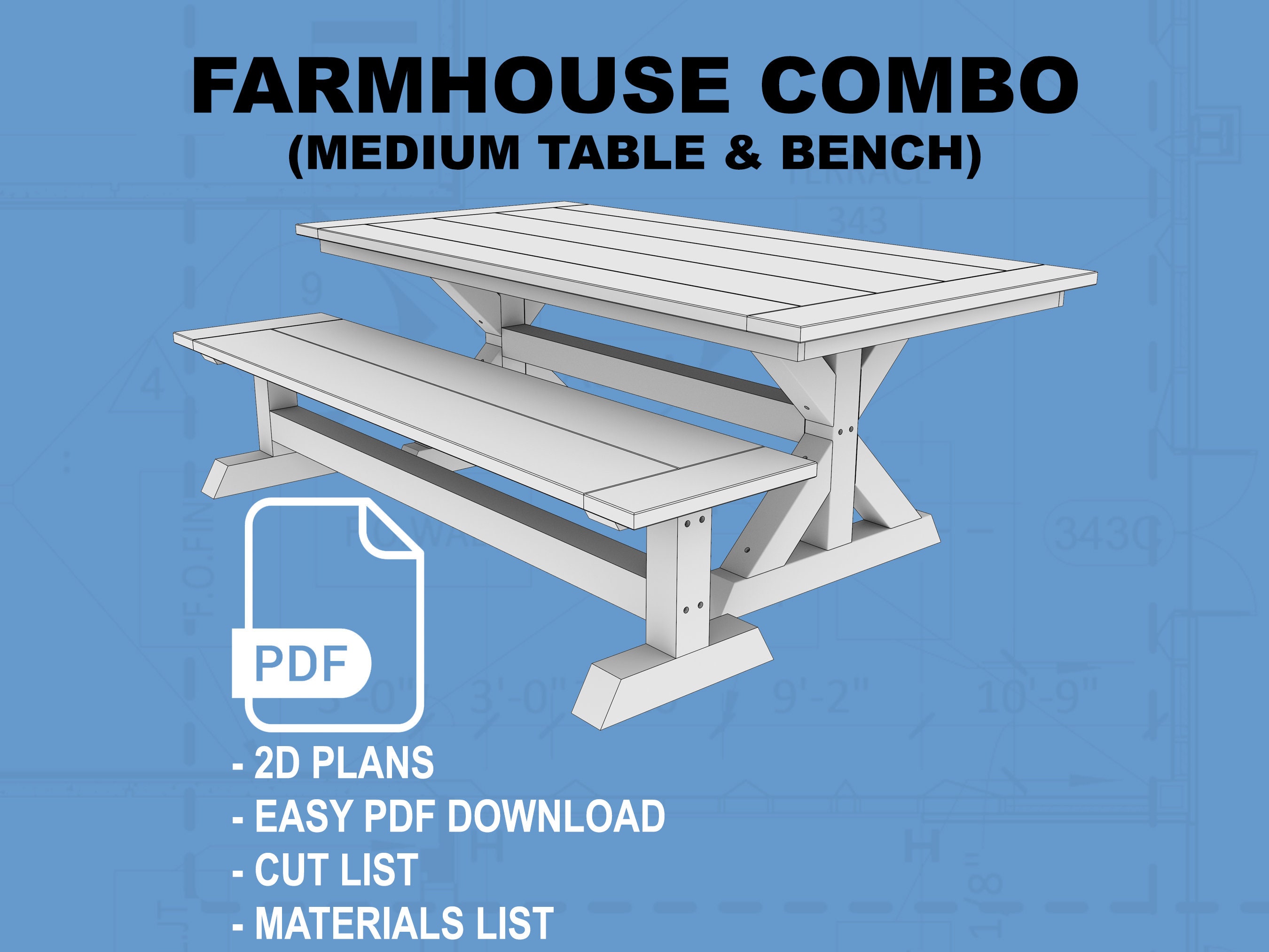 Farmhouse Table & Bench Plans (medium) - Etsy