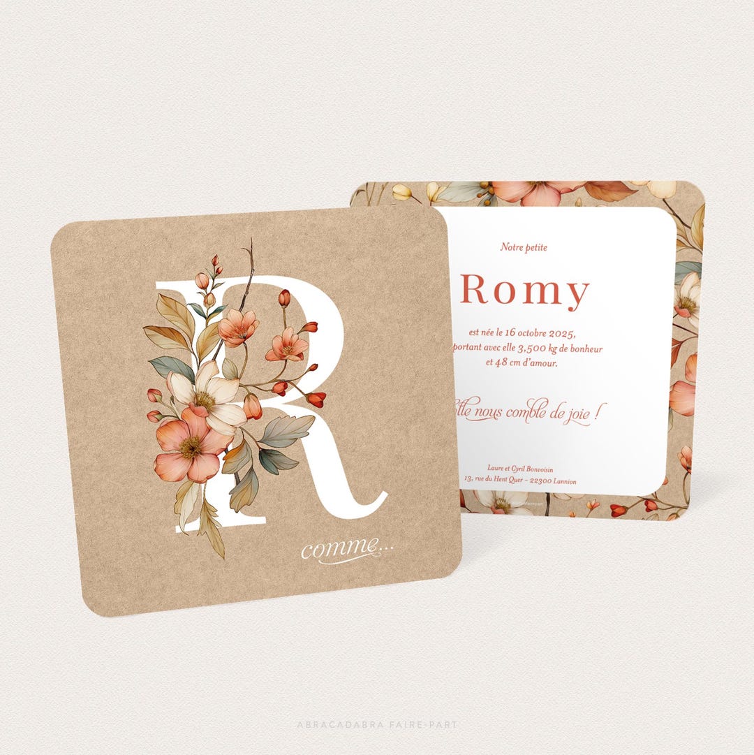 Birth Announcement for a Girl With a Floral Letter: Baby's First Name ...