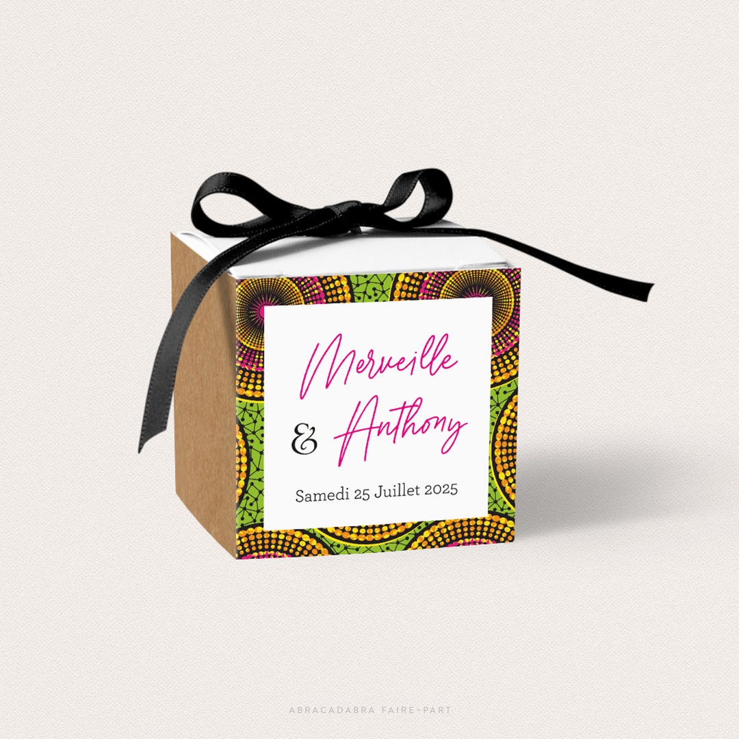 African Wedding Dragee Box, Wax and Kraft Pattern, Black Ribbon, Photo ...