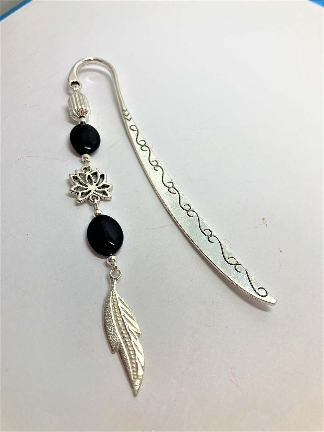 Bookmark Silver Metal Bookmark Black Onyx Real Stone Lotus Flower and ...