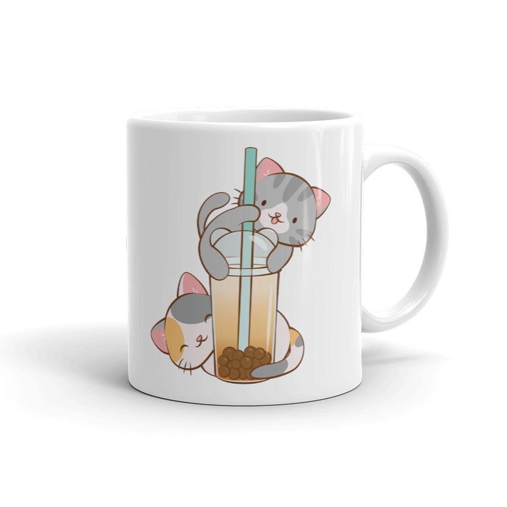 Boba Tea Kawaii Cat Mug for Bubble Tea Lovers / Cute Cat Coffee Mug for ...