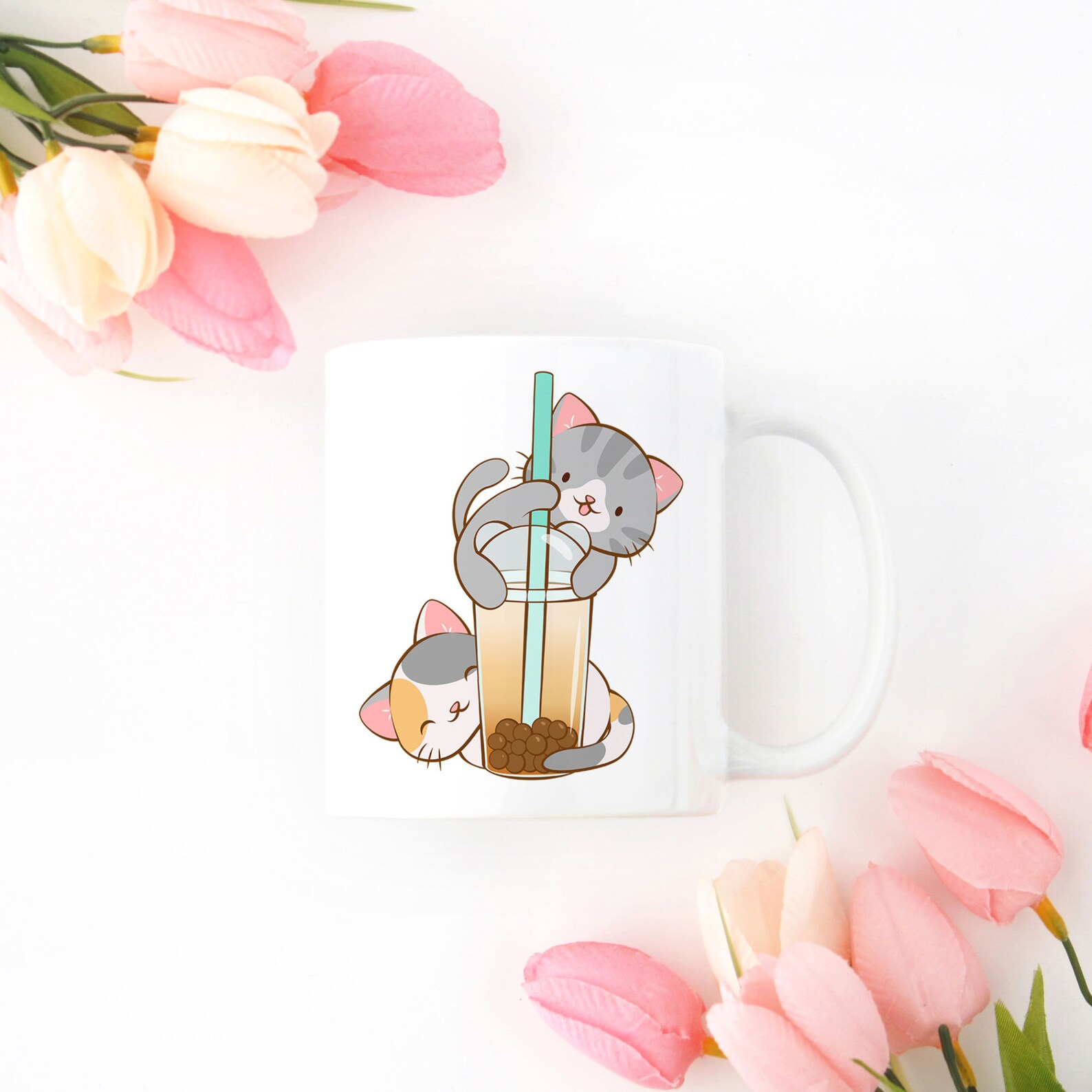 Boba Tea Kawaii Cat Mug for Bubble Tea Lovers / Cute Cat Coffee Mug for ...