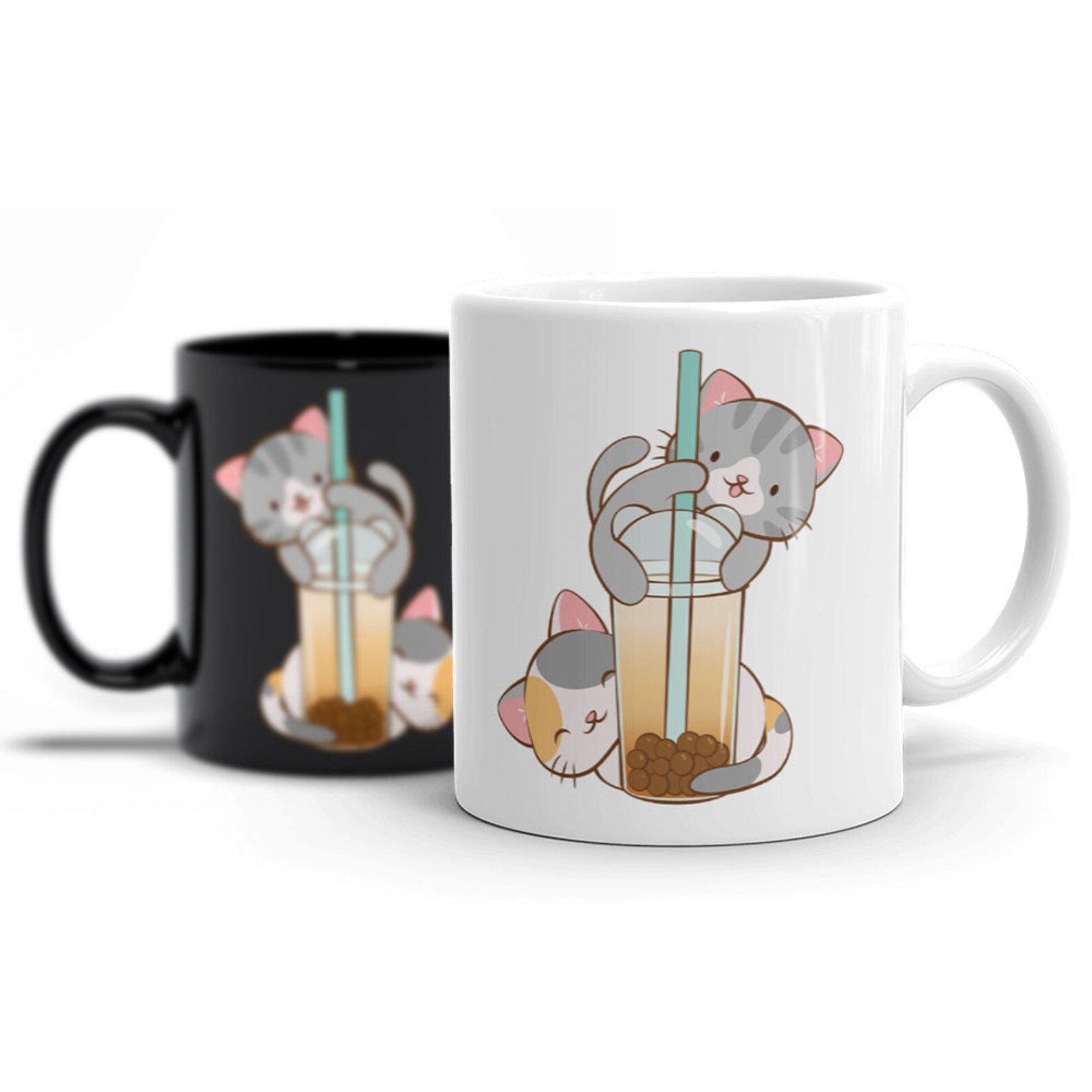 Boba Tea Kawaii Cat Mug for Bubble Tea Lovers / Cute Cat Coffee Mug for ...