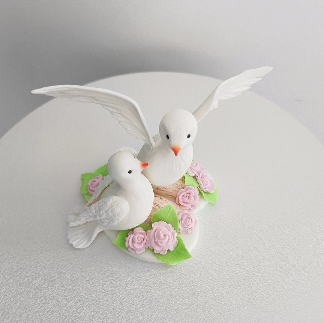 Wedding Pigeons Handmade Pair of White Doves With Flowers Figurines ...