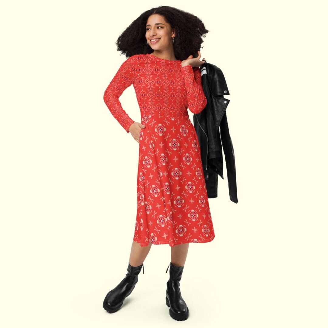 Crimson Compass Long Sleeve Midi Dress | Bold Print With Pockets | Made ...