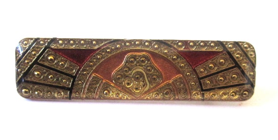 Circa 1970s Art Deco Revival Enamel Bar Brooch/Pin - Gem