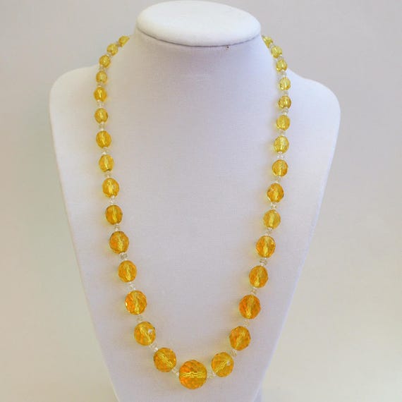 Art Deco Cut Crystal Yellow Bead Necklace - Gem