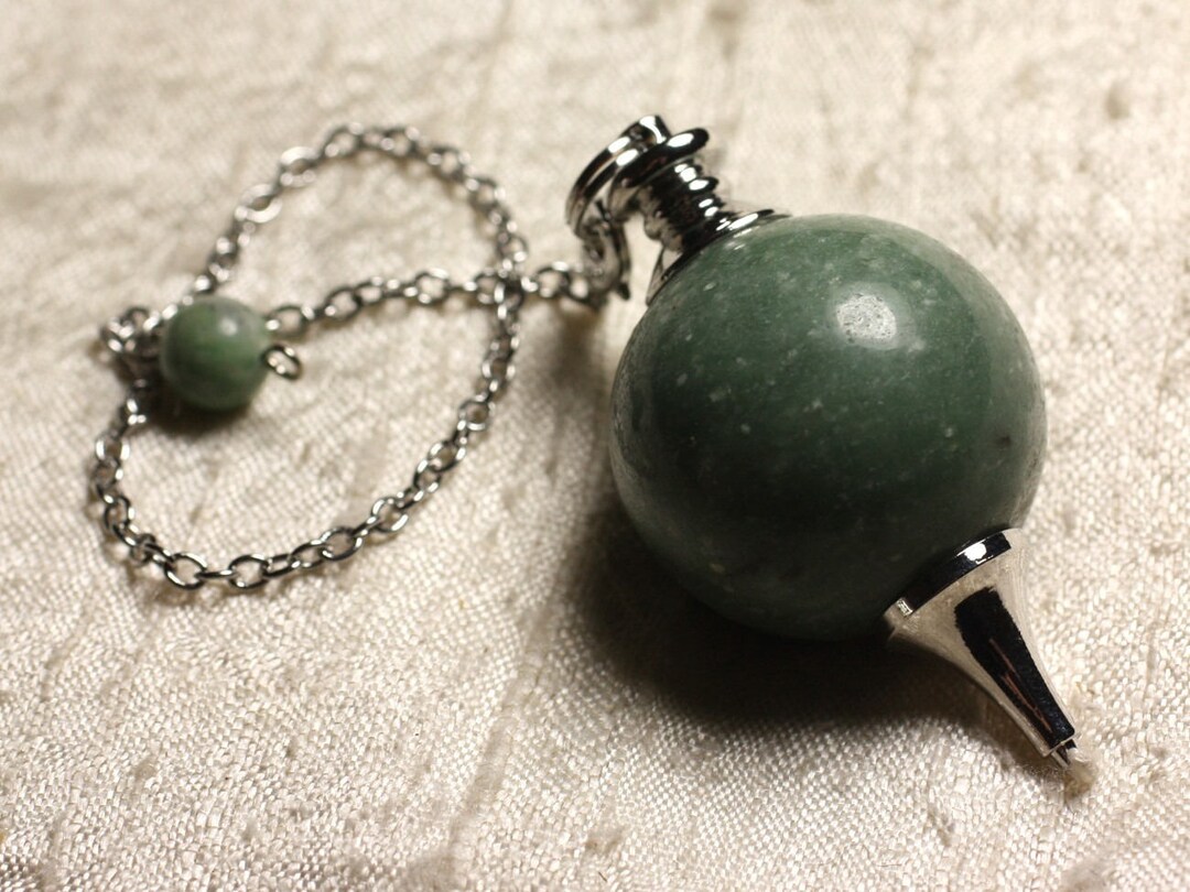 Rhodium Silver Plated Pendulum and Semi Precious Stone Green Jade Ball ...