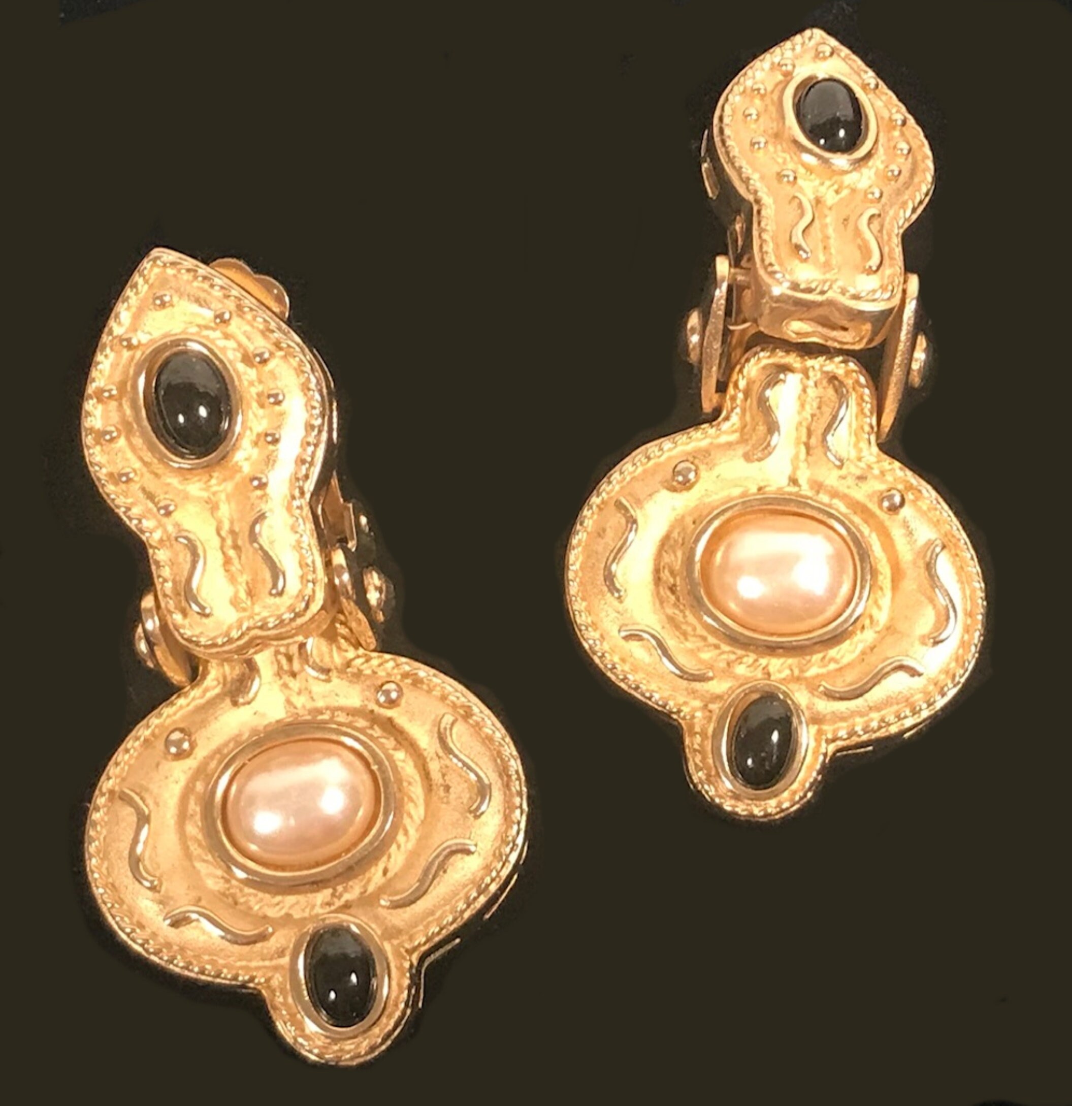 Large Vintage Neoclassical Lazaro Style Gold Tone Clip on Drop Earrings ...
