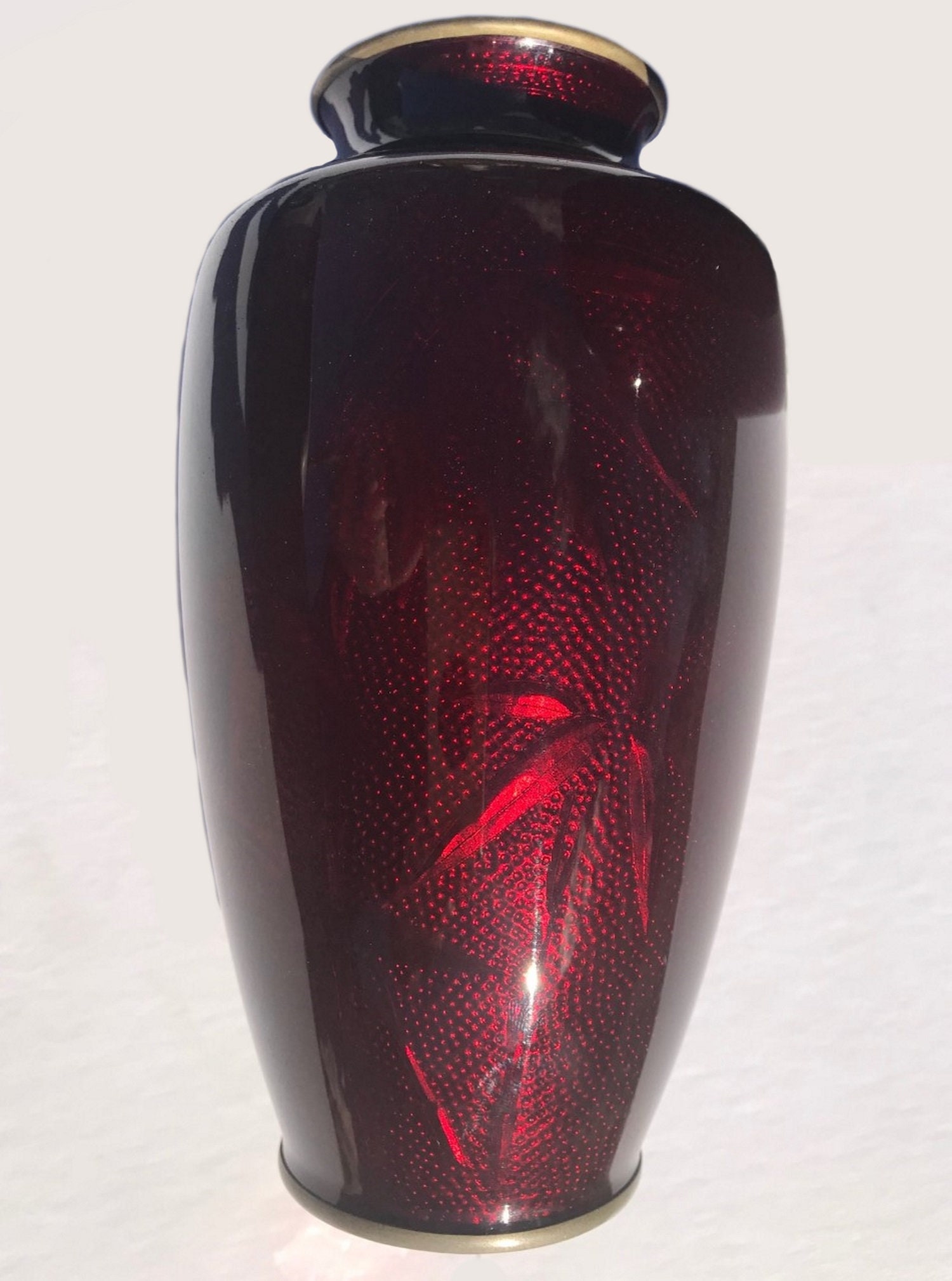 Vintage Pair Red Japanese Vases, Fluted Ginbari Cloisonne Bamboo Floral ...