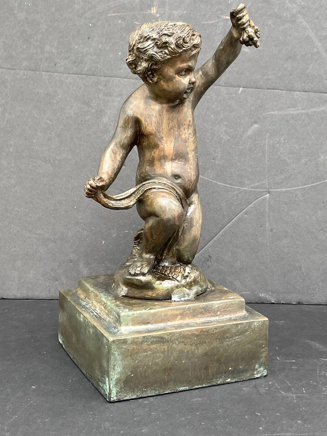 Vintage Bronze Cherub Statue, Putto on Square Plinth Sculpture ...