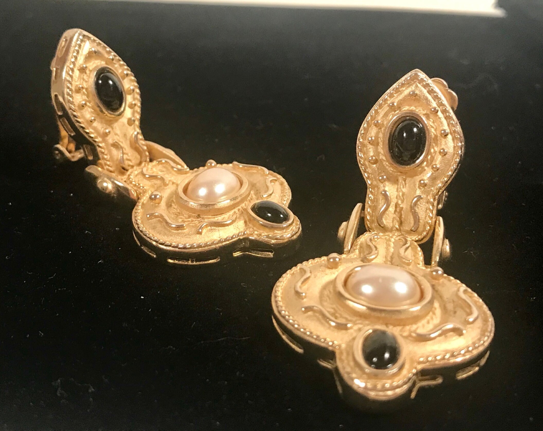 Large Vintage Neoclassical Lazaro Style Gold Tone Clip on Drop Earrings ...