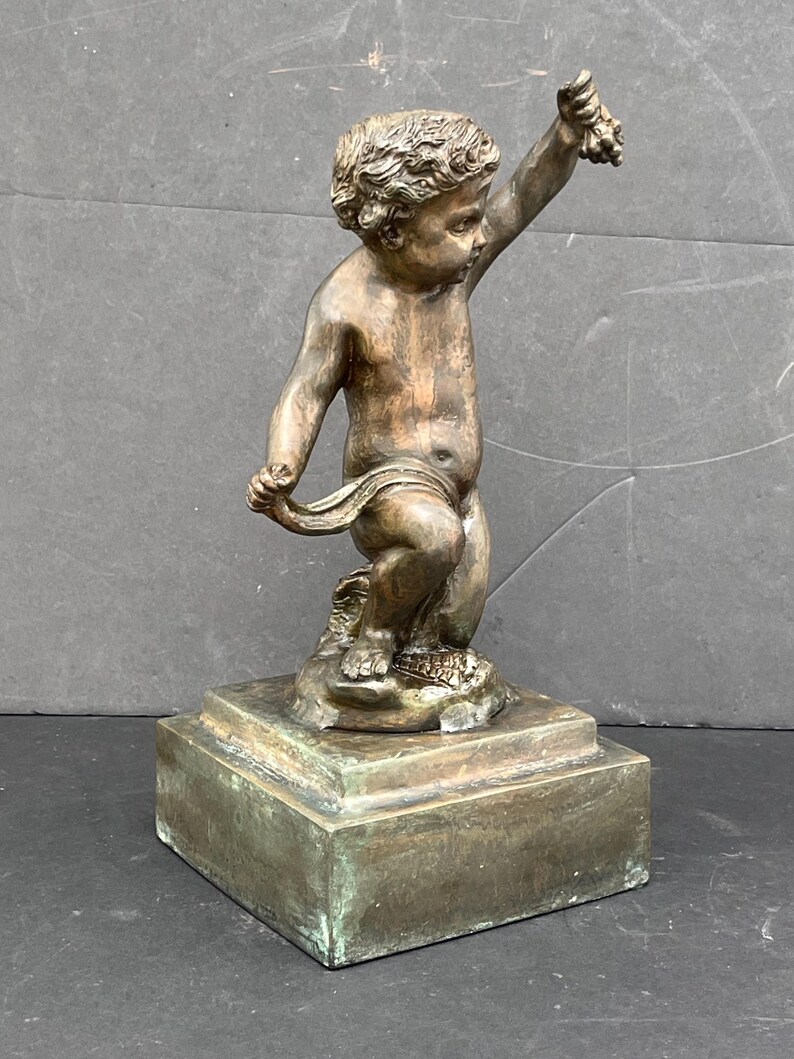 Vintage Bronze Cherub Statue, Putto on Square Plinth Sculpture ...