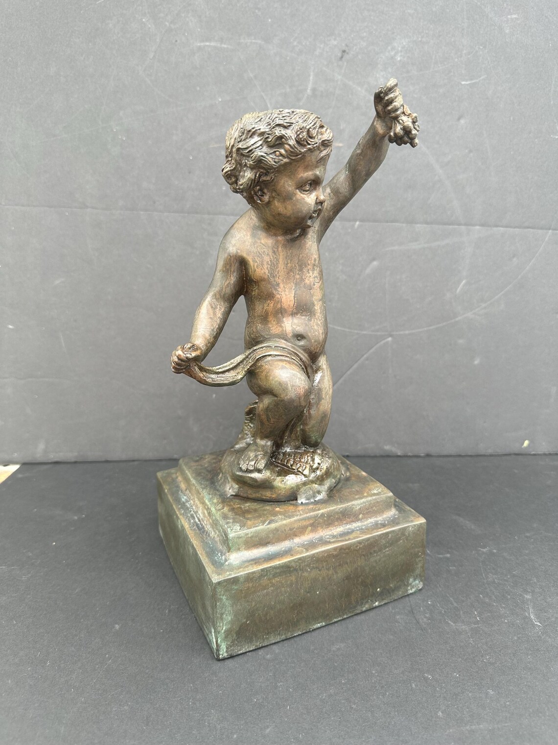 Vintage Bronze Cherub Statue, Putto on Square Plinth Sculpture ...