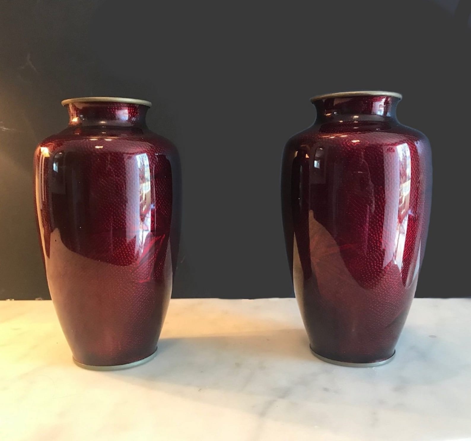 Vintage Pair Red Japanese Vases, Fluted Ginbari Cloisonne Bamboo Floral ...