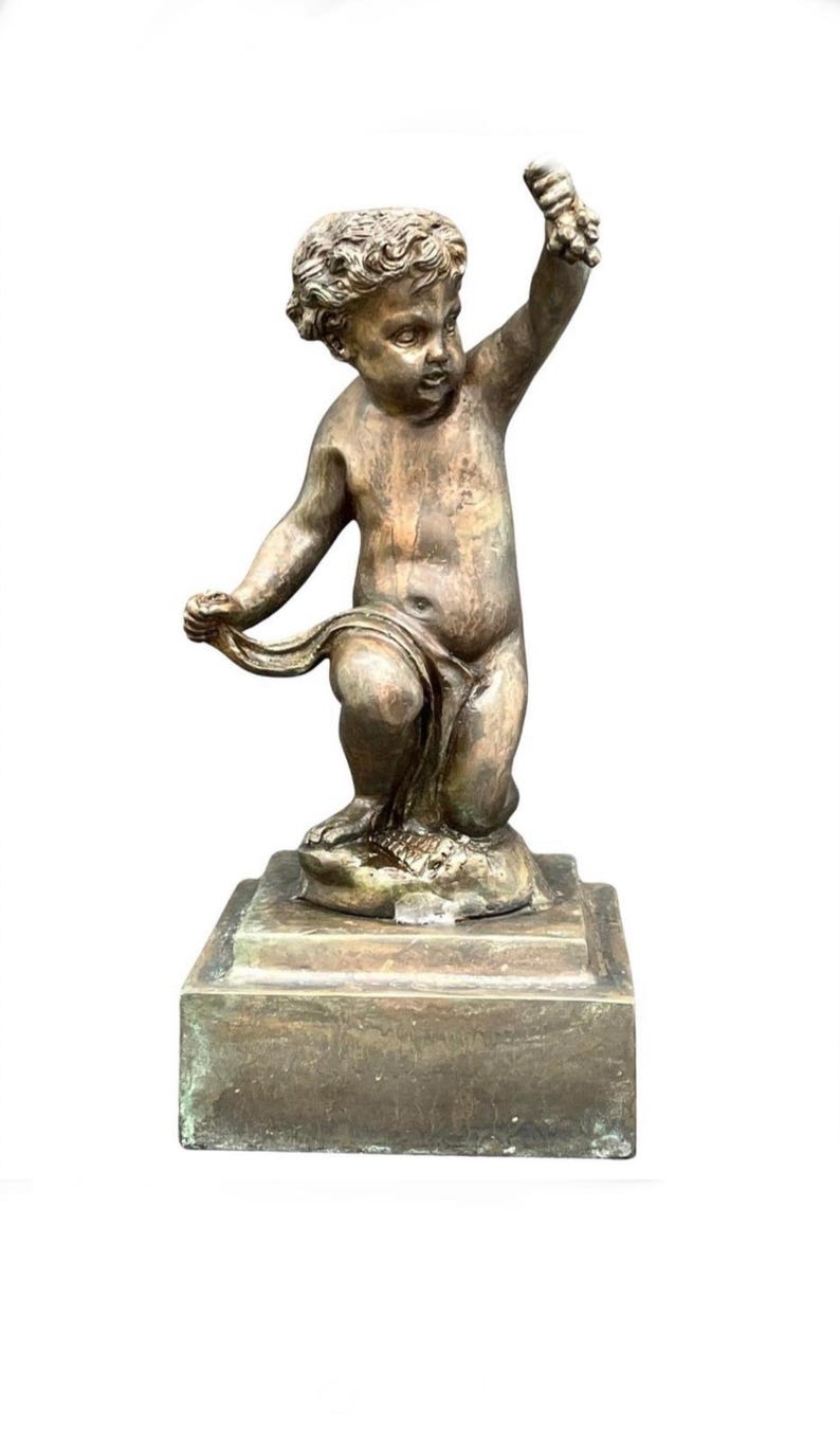 Vintage Bronze Cherub Statue, Putto on Square Plinth Sculpture ...