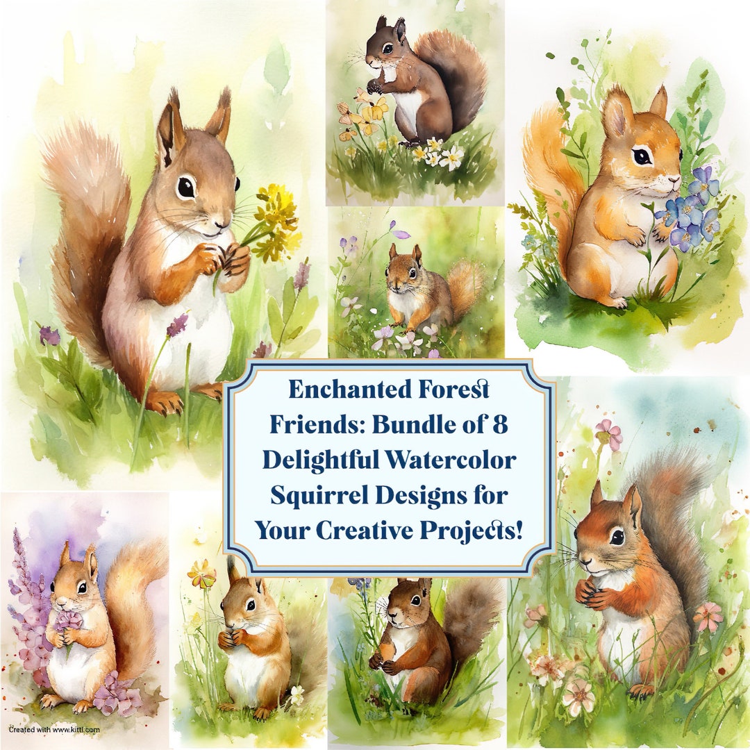 Enchanted Forest Friends: Bundle of 8 Delightful Watercolor Squirrel ...