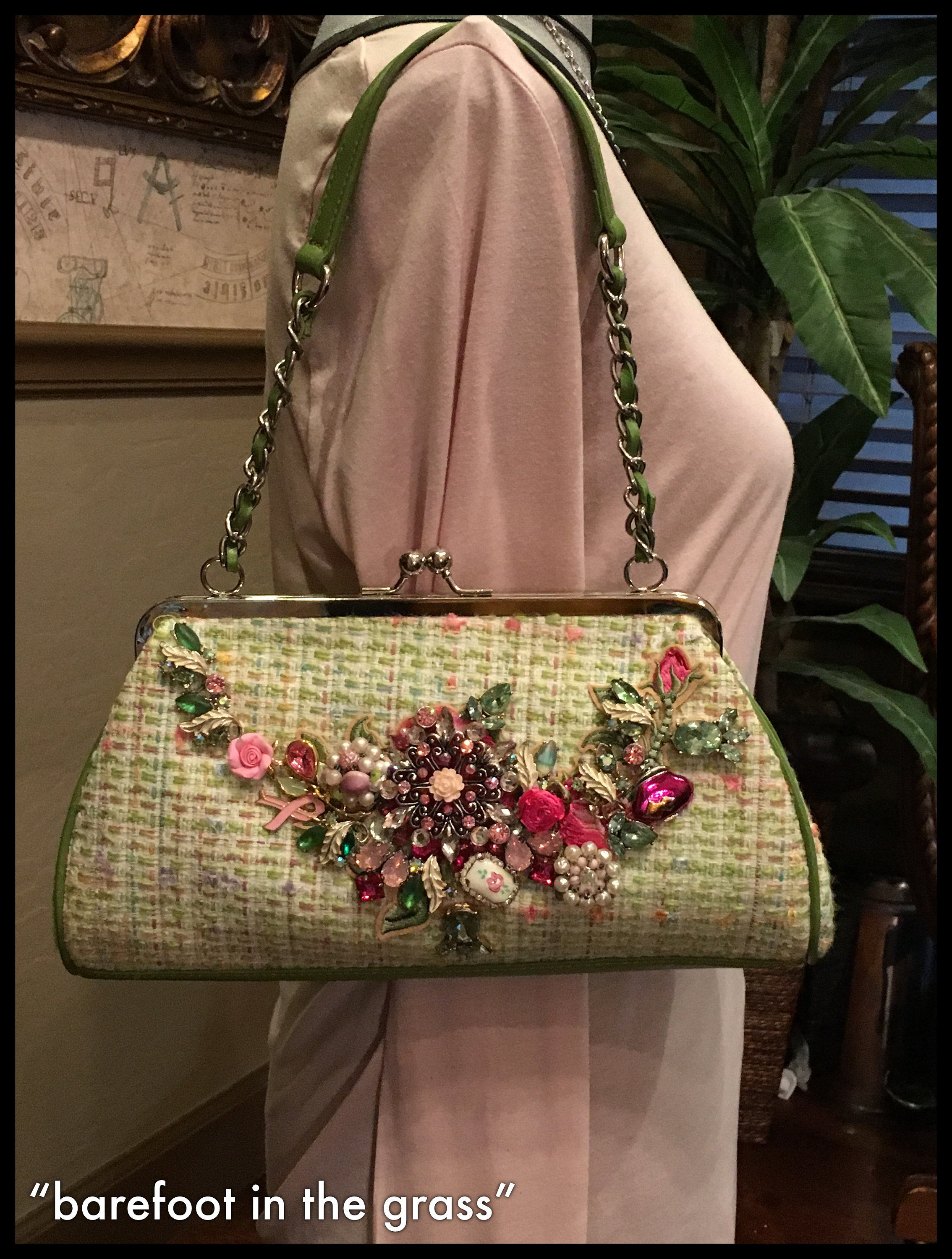 SALE Easter Purse, Vintage Embellished Green Tweed Top Handle With ...