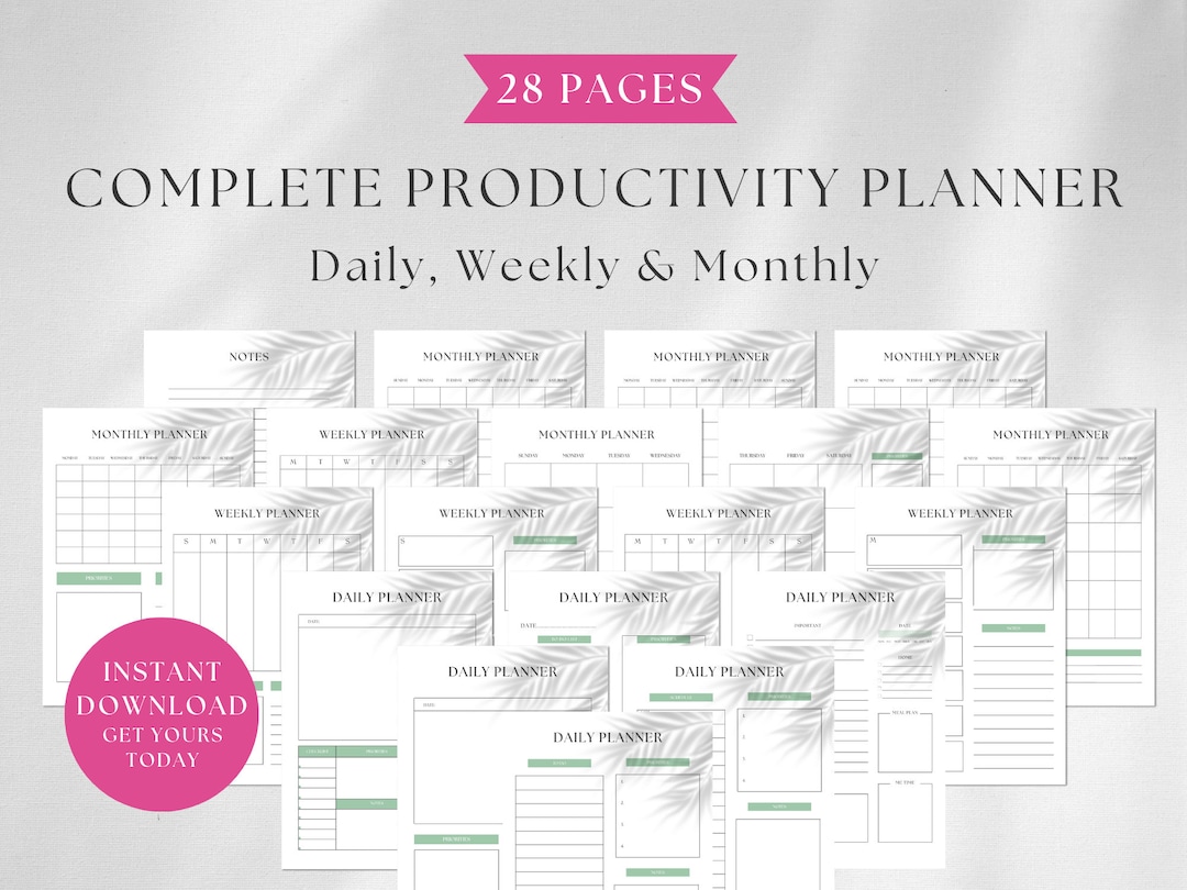 Printable Daily Weekly Monthly Productivity Planner PDF Set, 28 Pages 3 ...
