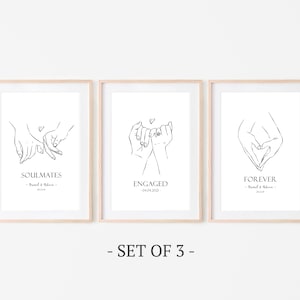 Set of 3 Personalised Couple Holding Hands Prints, Minimal Line Art ...