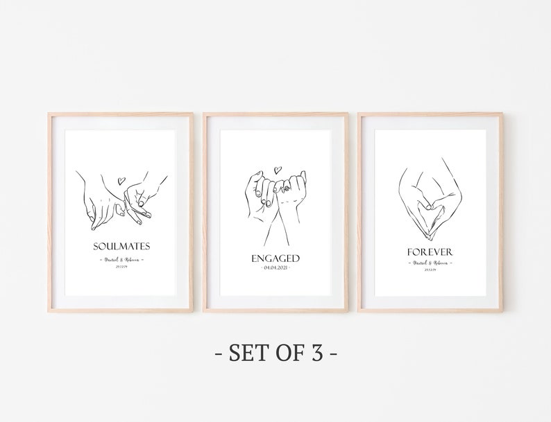 Set of 3 Personalised Couple Holding Hands Prints Minimal - Etsy
