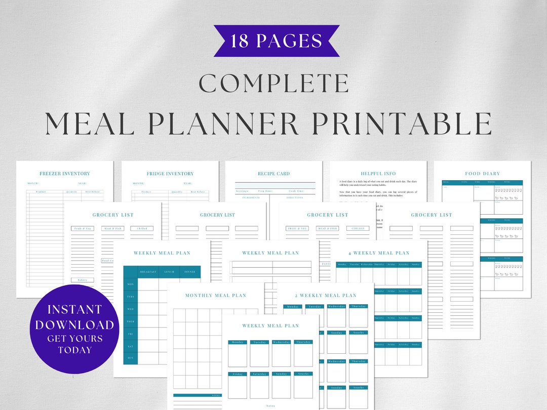 18 Page Meal Planner Printable PDF With Grocery List Template, Recipe ...