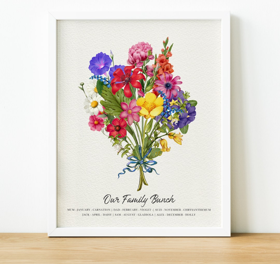 Personalised Family Birth Flower Print Gift for Grandma, Custom Birth ...